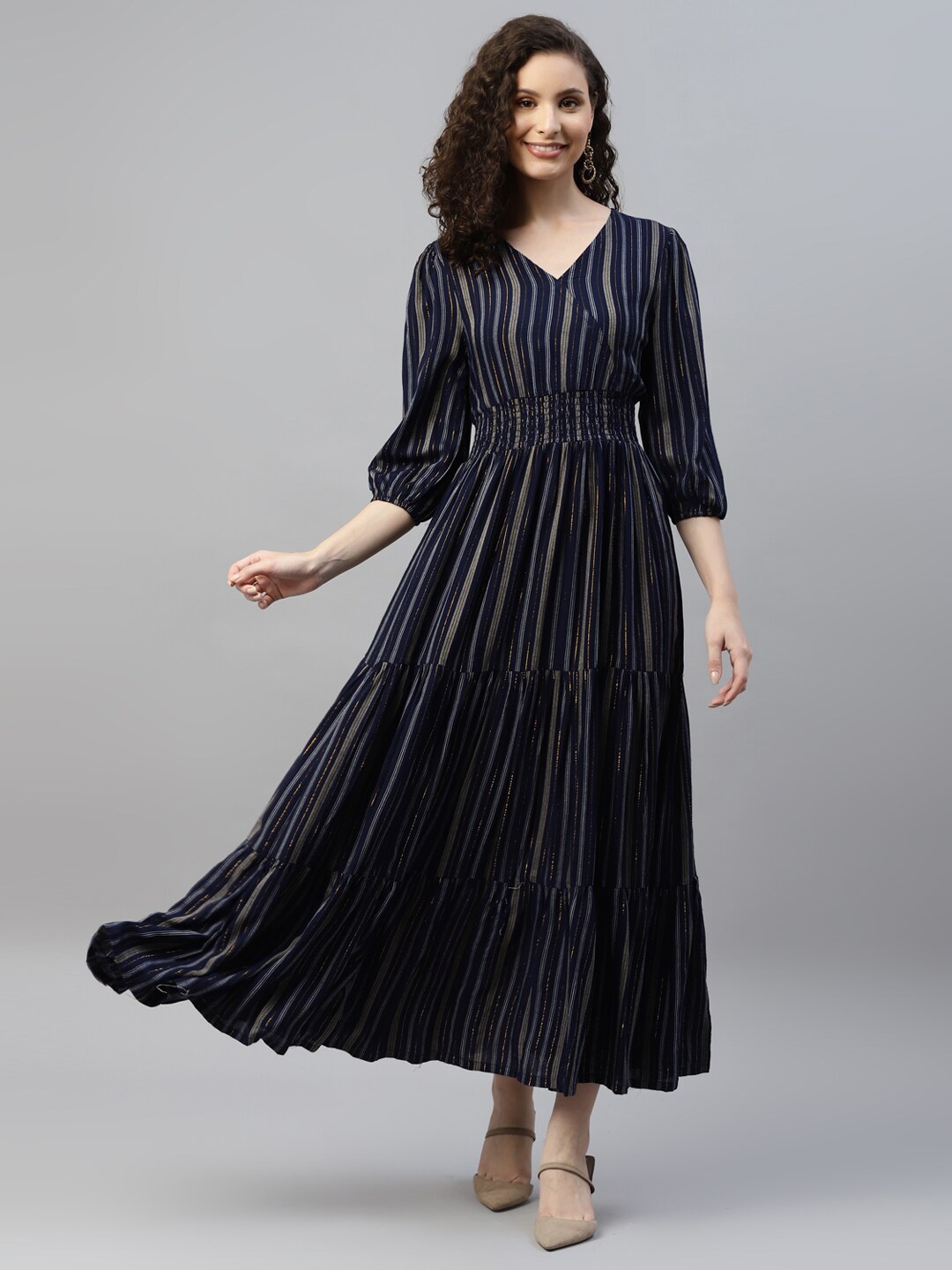 Buy Deebaco Striped V Neck Puff Sleeve Fit And Flare Maxi Dress Dresses