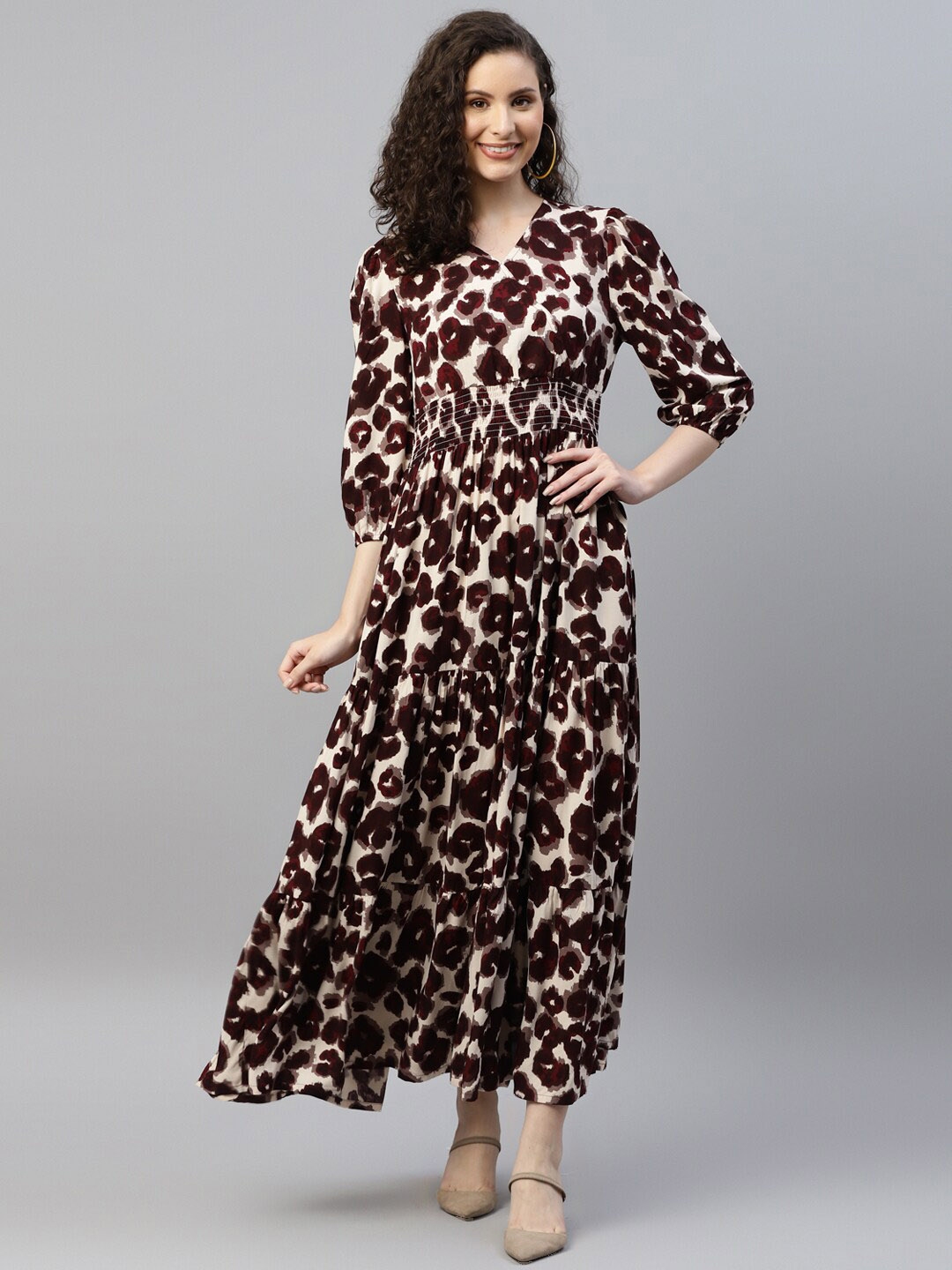Buy Deebaco Abstract Printed Puff Sleeve Tiered Fit And Flare Maxi Dress