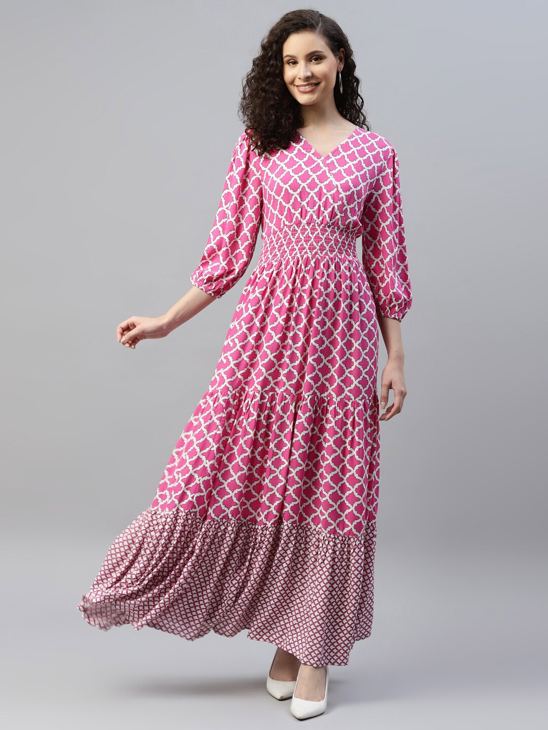 Buy Deebaco Geometric Printed Smocked Fit And Flare Maxi Dress Dresses