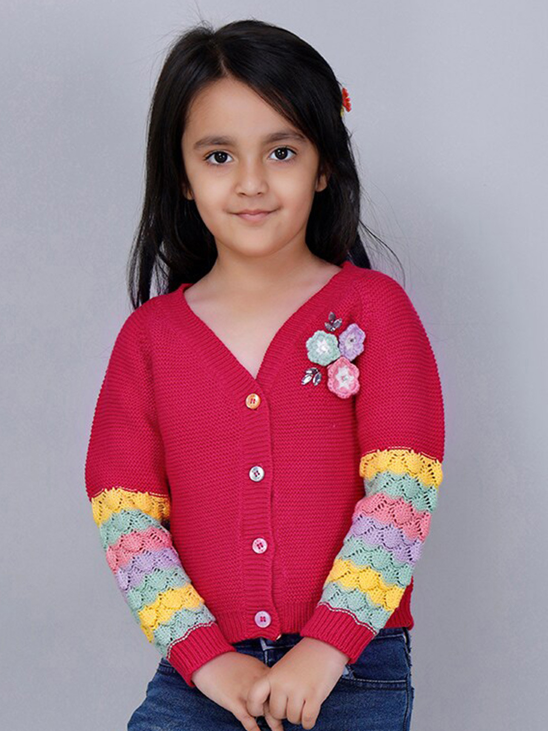 Buy JoE Hazel Girls Self Designed V Neck Acrylic Cardigan - Sweaters ...