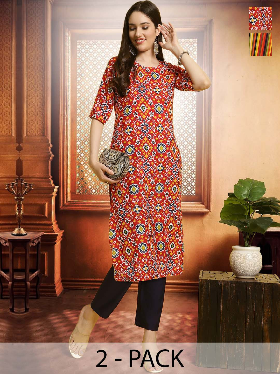 Buy Arangya Selection Of 2 Ethnic Motifs Printed Straight Kurta With ...
