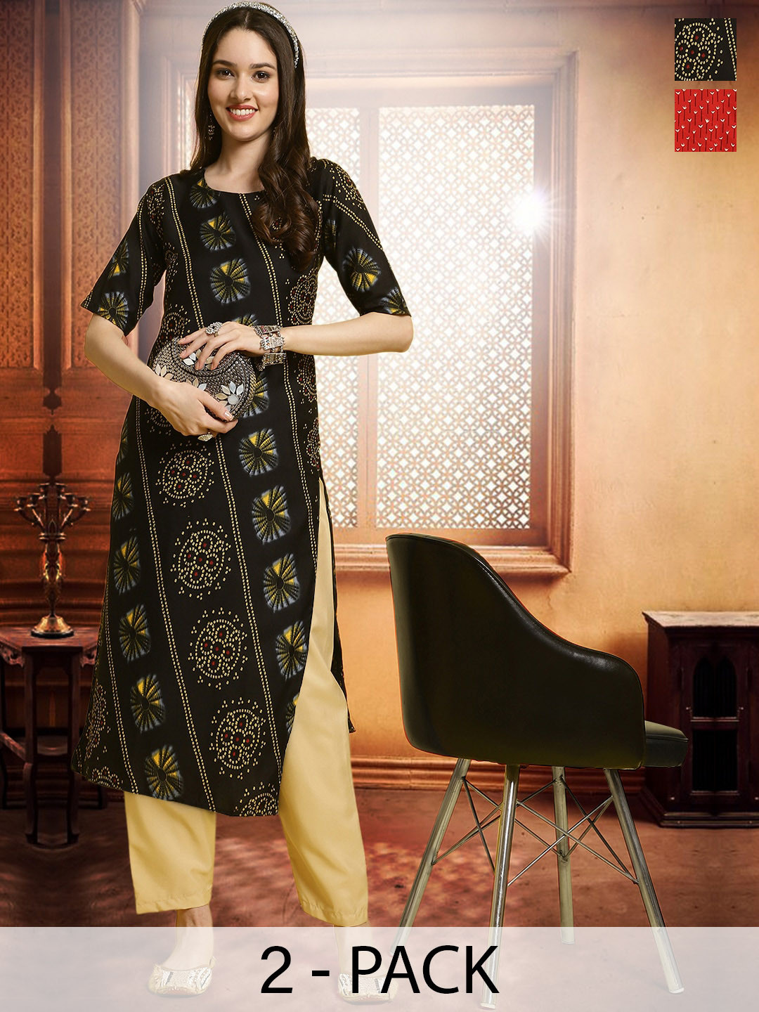 Buy Arangya Selection Of 2 Ethnic Motif Printed Regular Straight Kurta ...