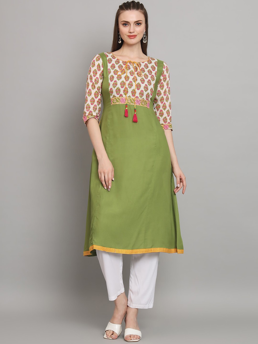 Buy All About You Green Floral Yoke Design A Line Kurta Kurtas For