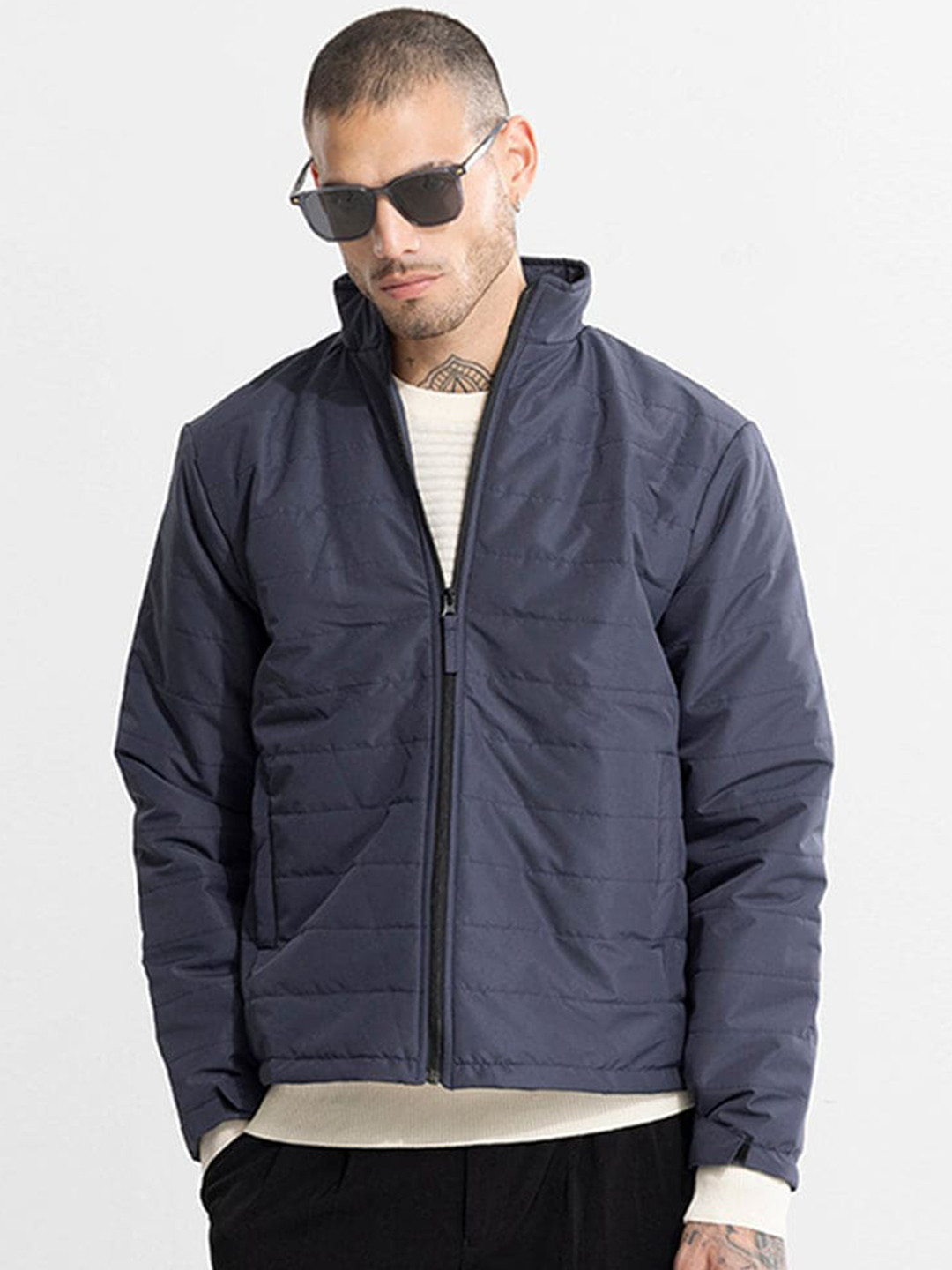 Buy Snitch Navy Blue Mock Collar Padded Jacket - Jackets for Men ...