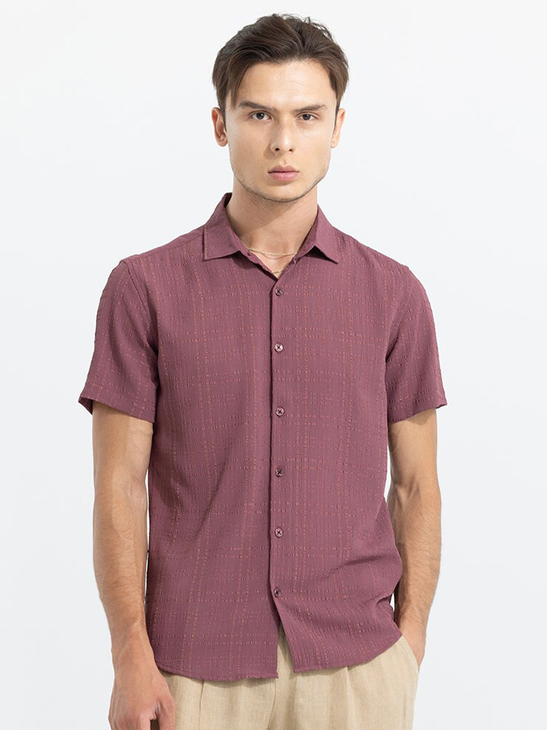 Buy Snitch Mauve Classic Slim Fit Self Designed Casual Shirt - Shirts ...