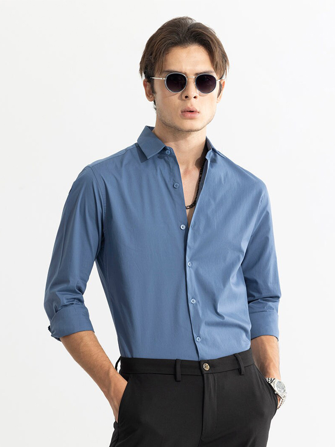Buy Snitch Blue Spread Collar Classic Slim Fit Casual Shirt - Shirts ...