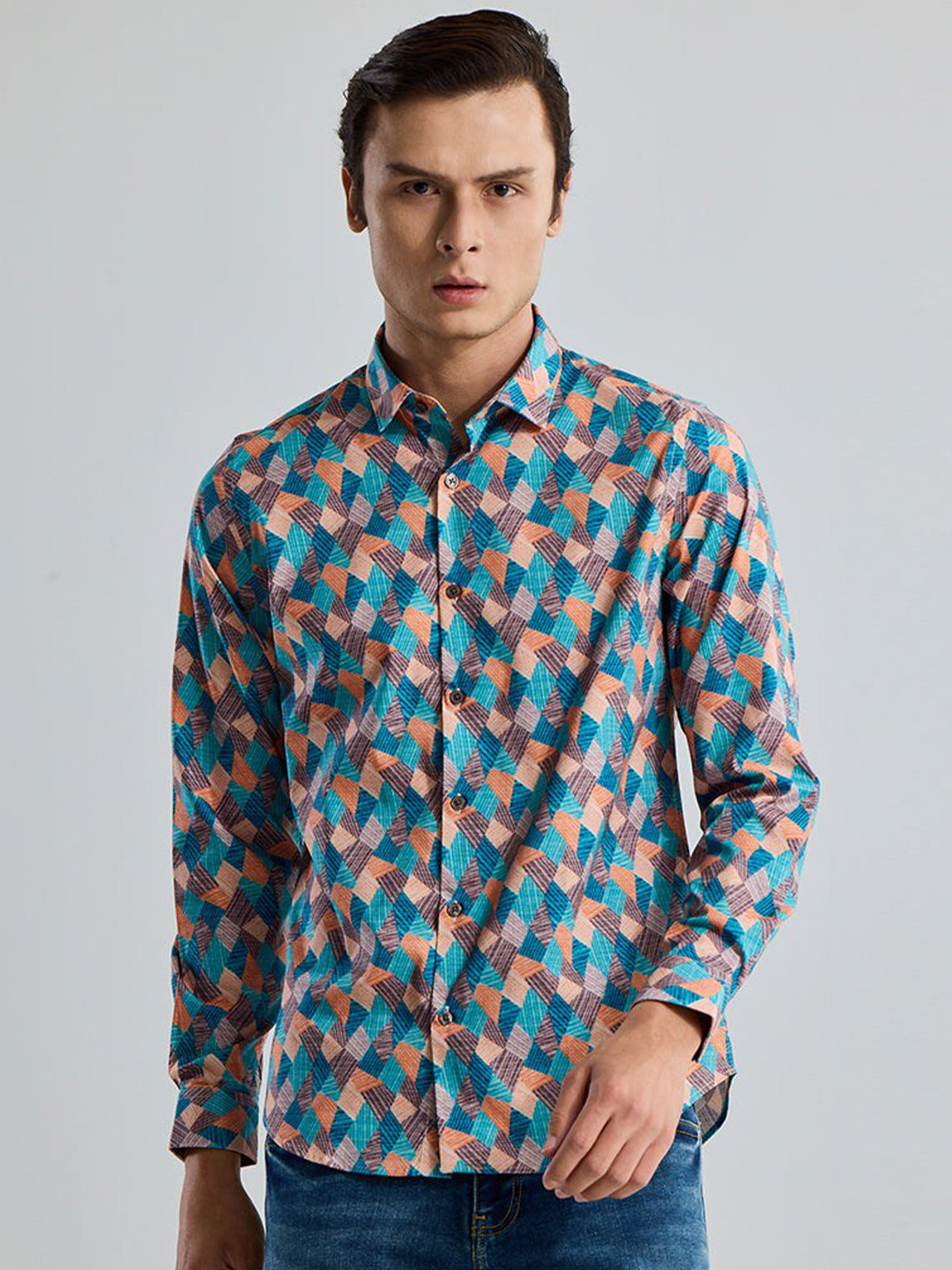 Buy Snitch Classic Blue Slim Fit Geometric Printed Casual Shirt ...