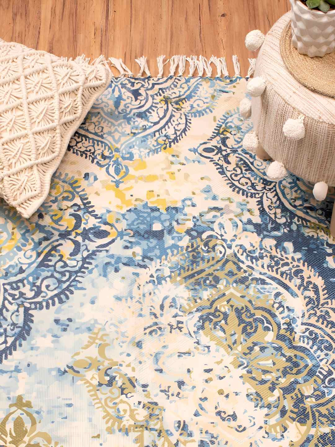Buy HOMADORN Blue & Yellow Printed No Shredding Dhurrie - Floor Mats ...