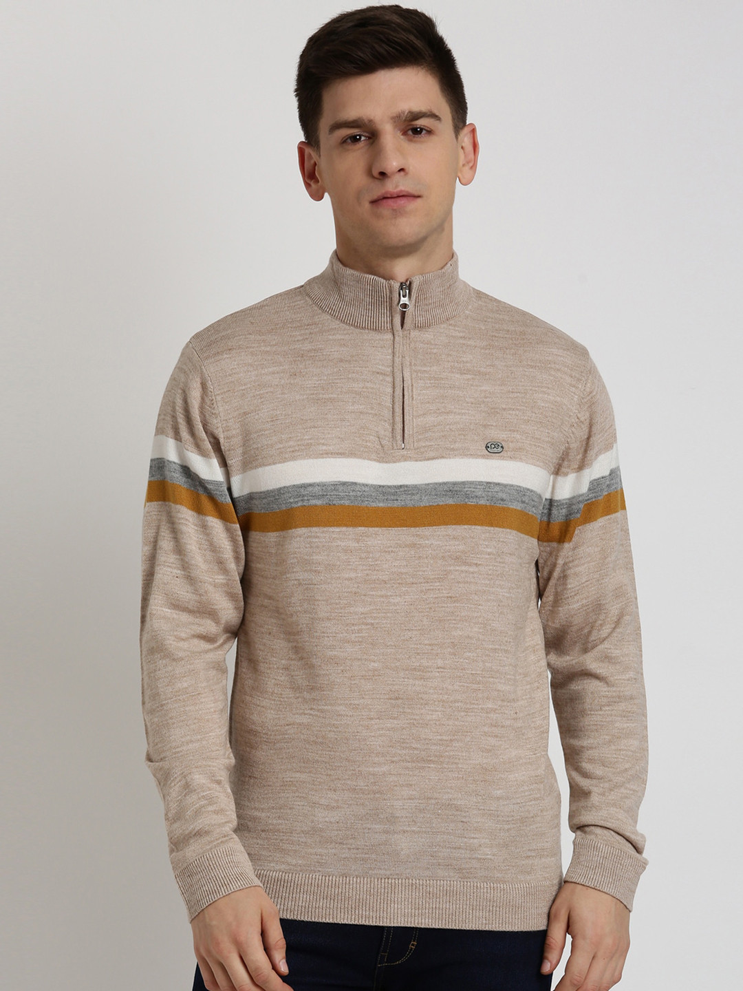 Buy Peter England Casuals Striped Stand Collar Pure Acrylic Sweater ...
