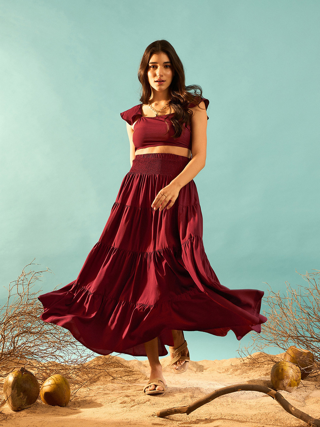 Buy Berrylush Maroon Square Neck Top With Skirt - Co Ords for Women ...