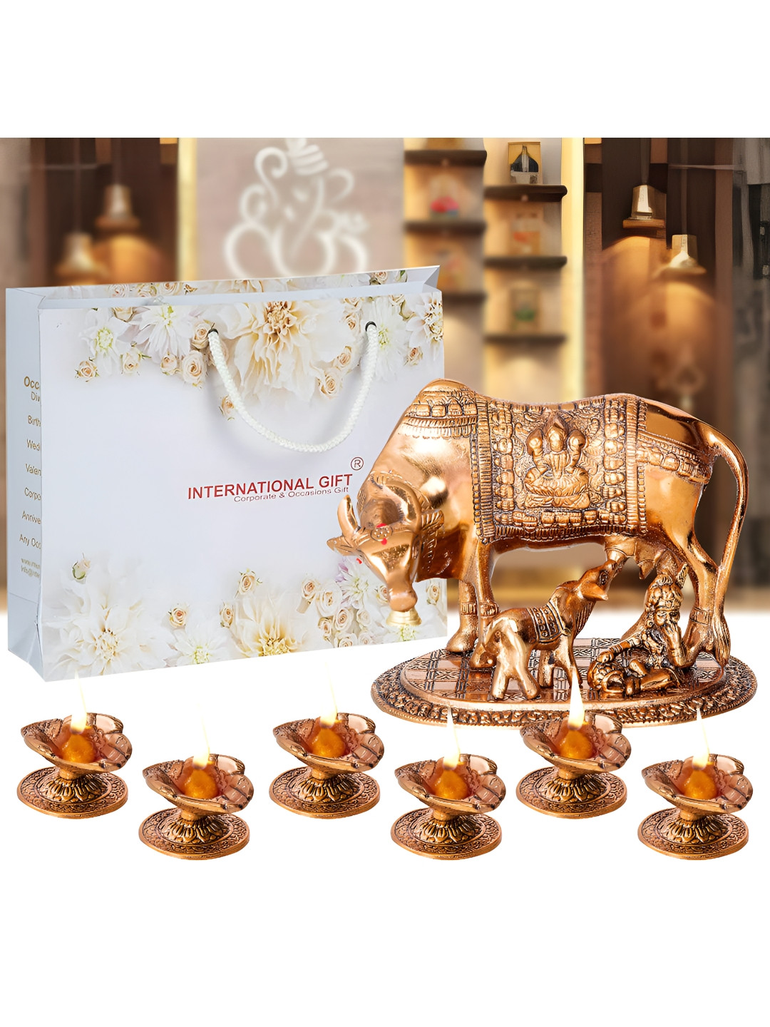 Buy INTERNATIONAL GIFT Brown Kamdhenu Cow & Calf Idol With Diyas Home ...