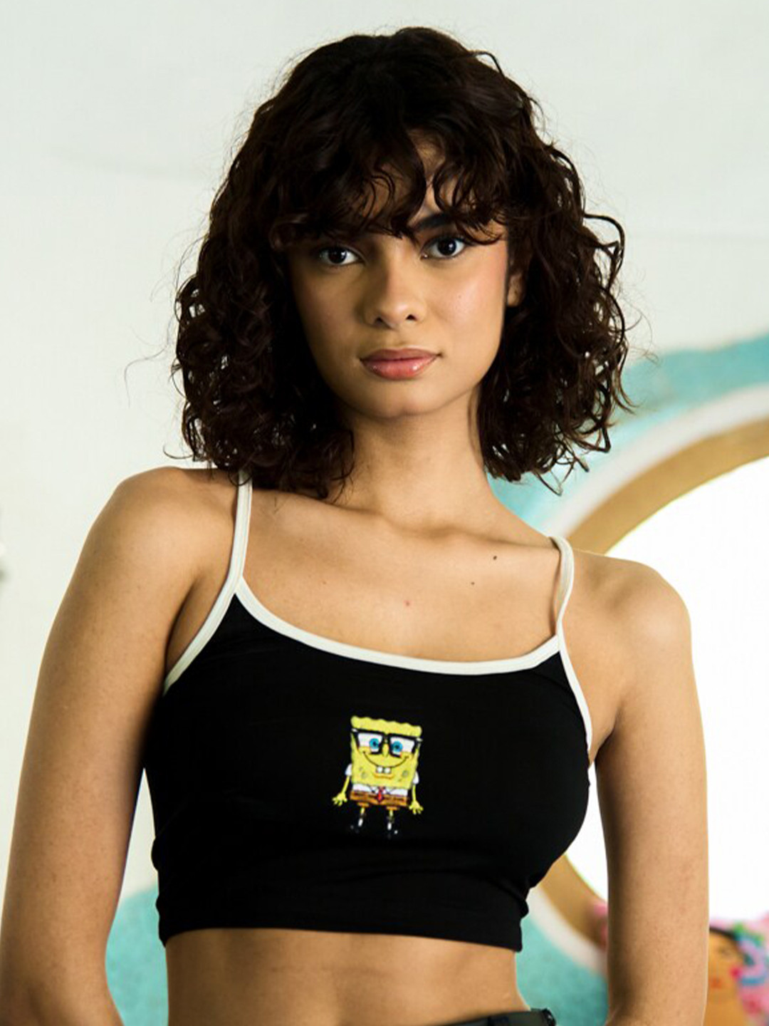 Buy Bonkers Corner Black Sponge Bob Embroidered Cotton Fitted Crop Top ...