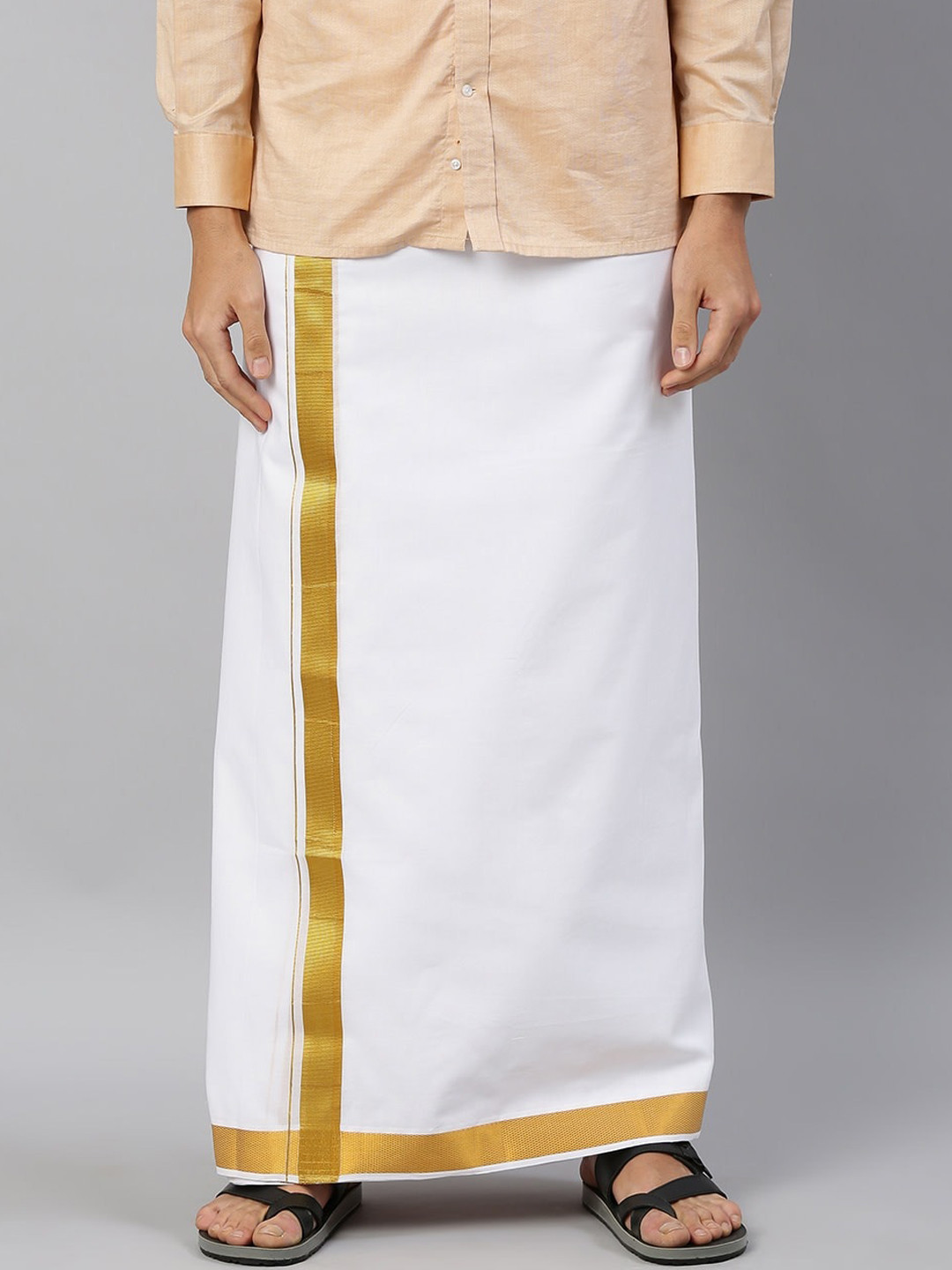 Buy Ramraj Men Cotton Solid Gold Jari Border Double Layer Dhoti ...