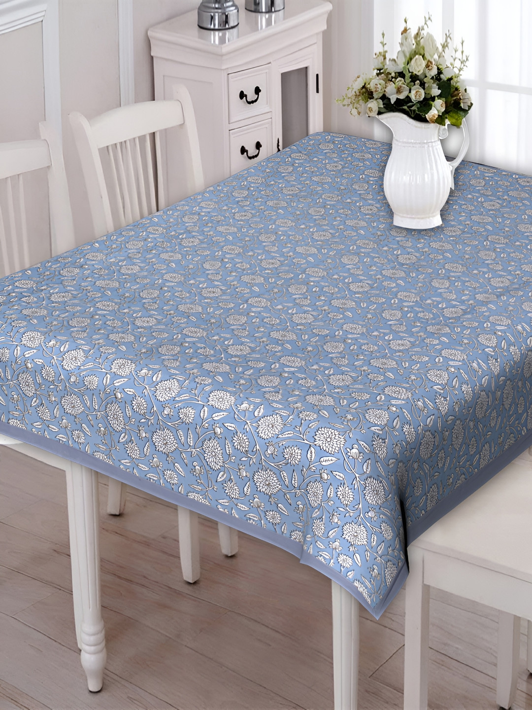 Buy Texstylers Blue & White 6 Seater Printed Cotton Anti Slip Table ...