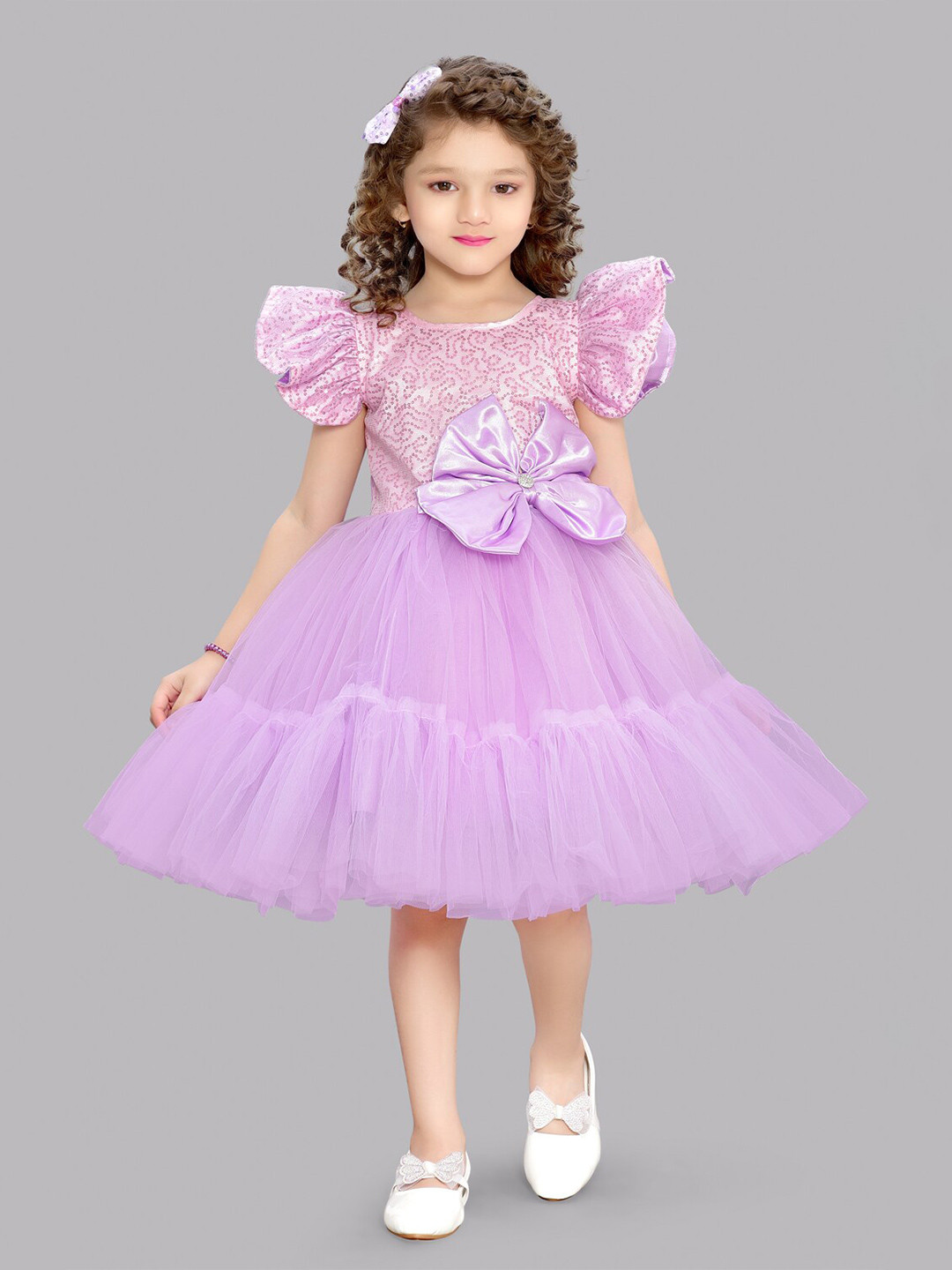 Buy Pink Chick Girls Embellished Flutter Sleeve Net Fit & Flare Dress ...