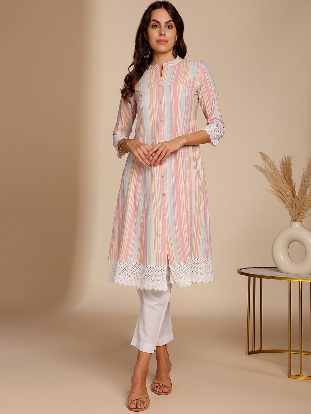 Buy Anouk Pink Striped Mandarin Collar Cotton A Line Kurta - Kurtas for ...