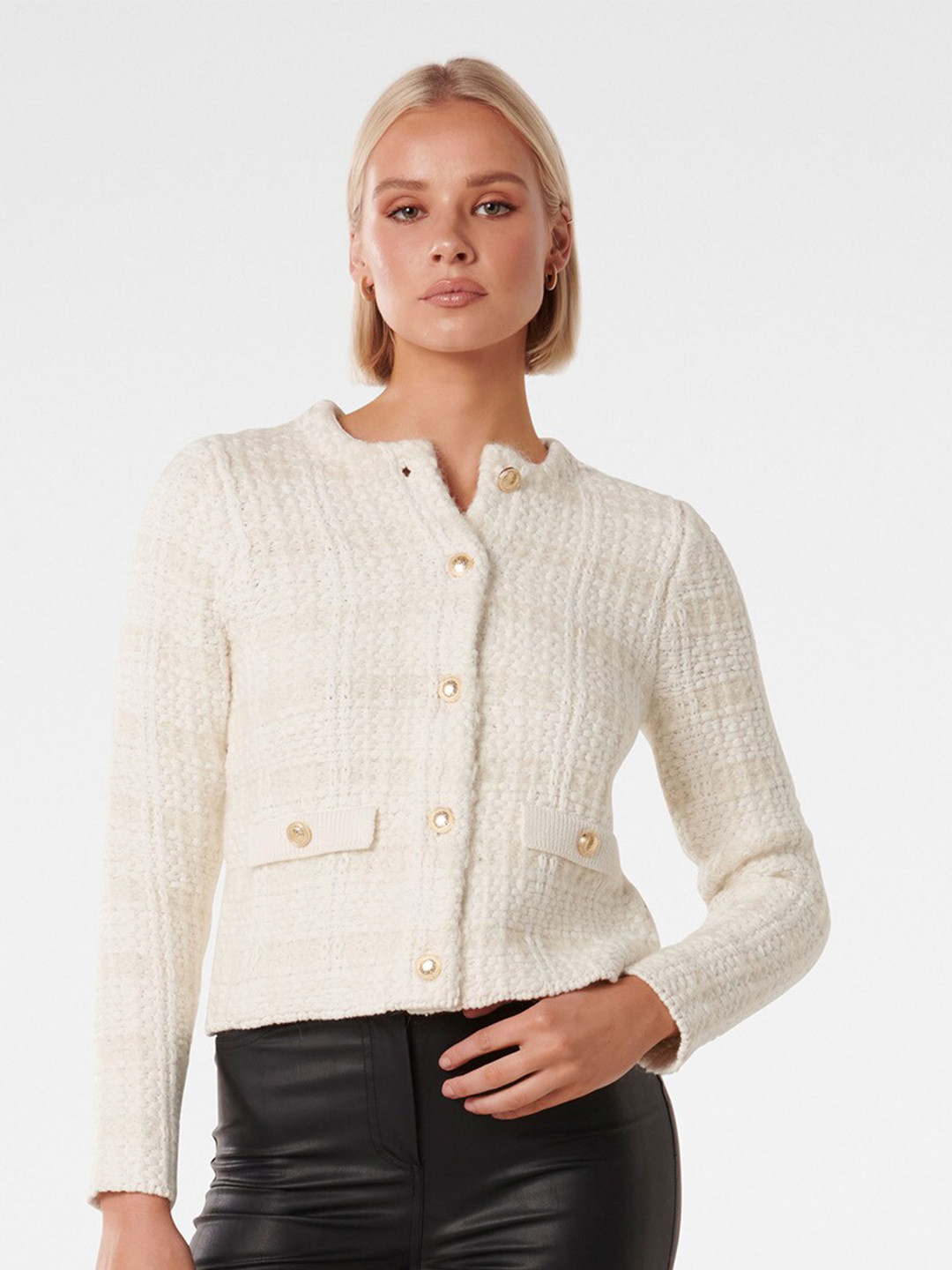 Buy Forever New Self Design Cable Knit Cotton Front Open Crop Sweater ...