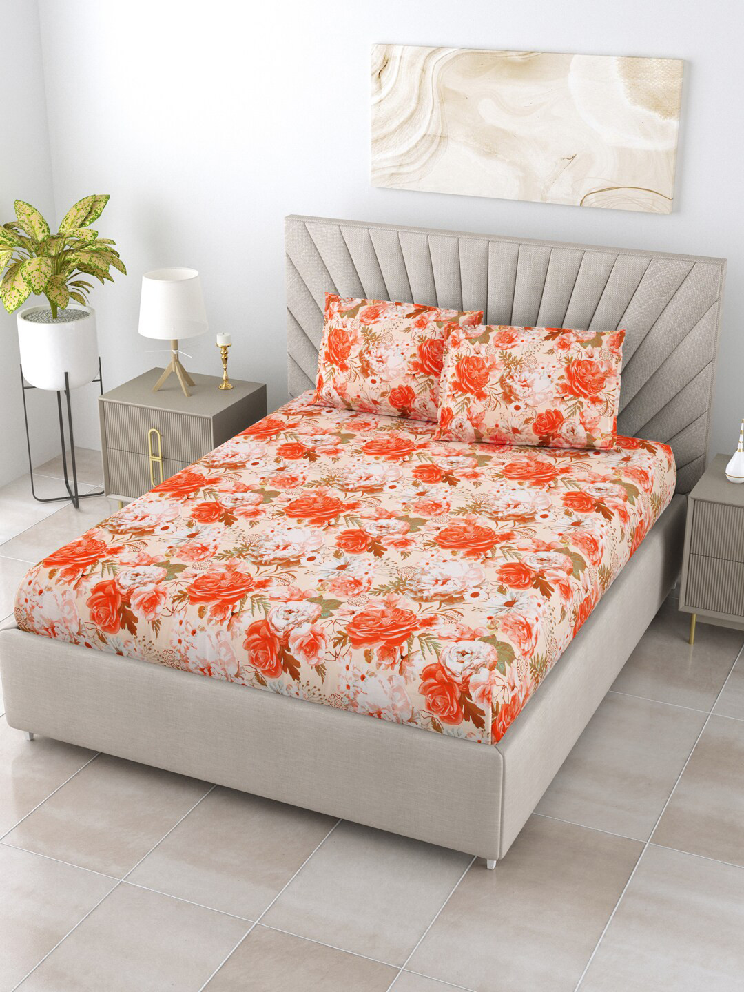 Buy BOMBAY DYEING Pink & Orange Floral Pure Cotton 144 TC King Bedsheet ...