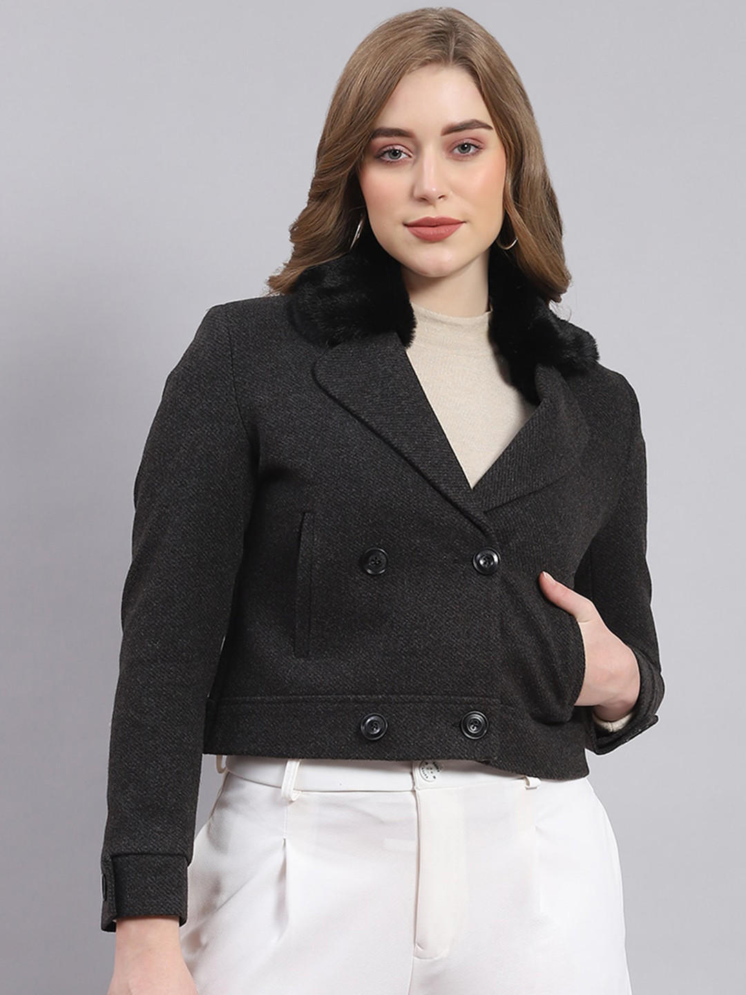 Buy Monte Carlo Self Design Notched Lapel Woollen Pea Coat - Coats for ...
