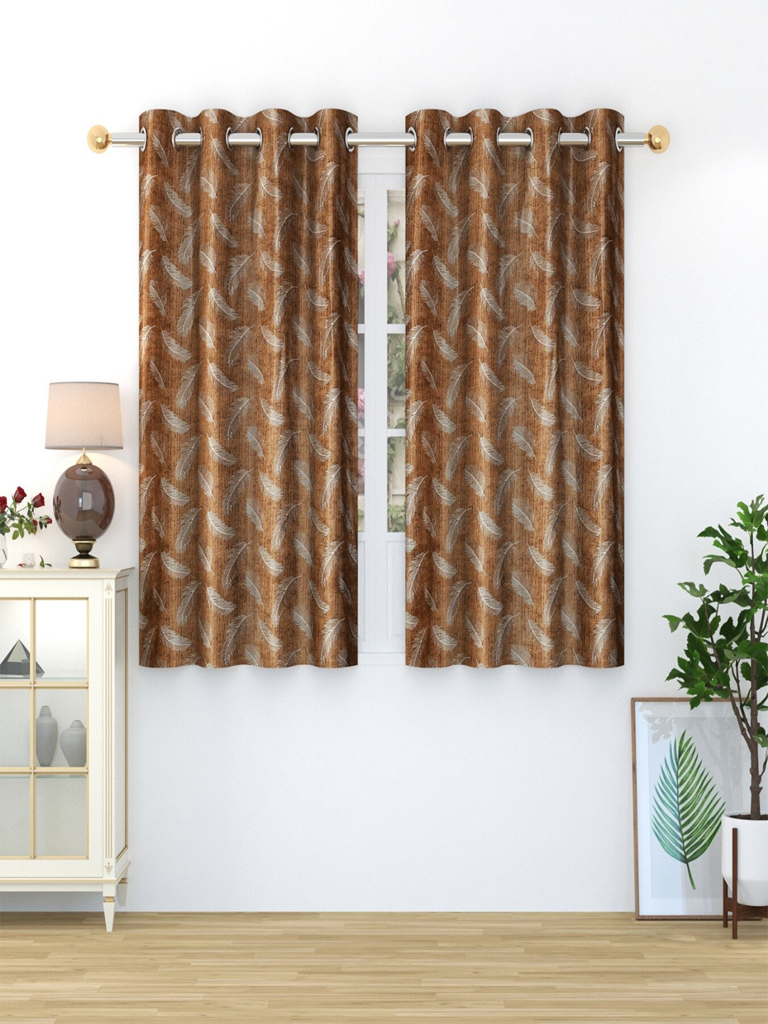 Buy Aura Brown & White 2 Pieces Printed Window Curtain - Curtains And ...