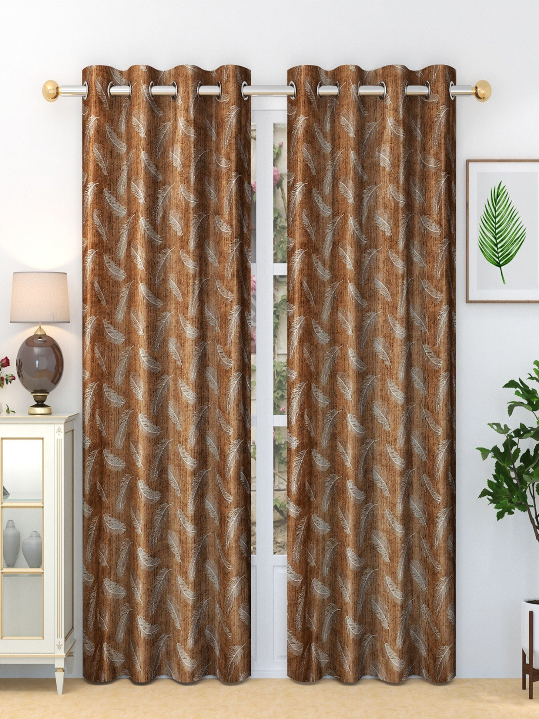 Buy Aura Brown 2 Pieces Floral Eyelet Long Door Sheer Curtains ...