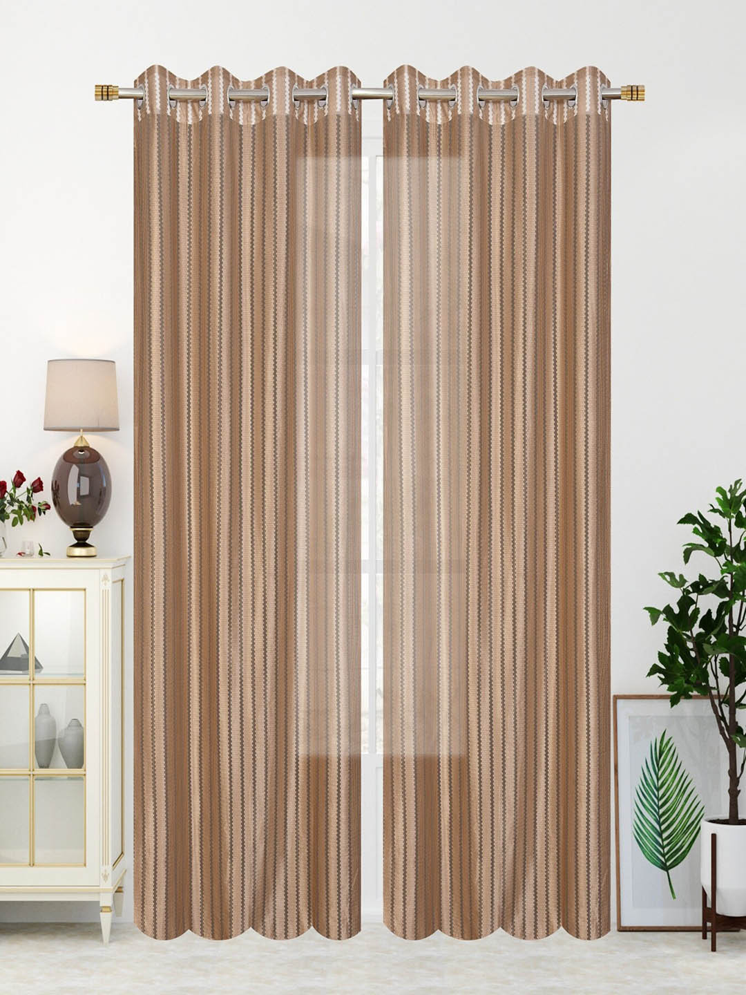 Buy Aura Brown 2 Pieces Striped Sheer Long Door Curtains - Curtains And ...