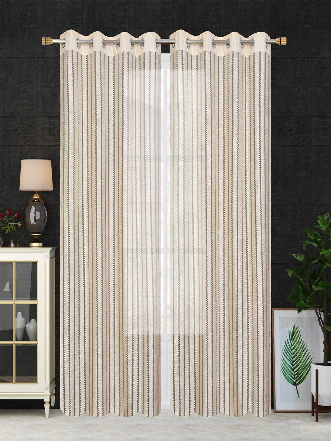 Buy Aura Cream Coloured 2 Pieces Striped Sheer Window Curtains ...