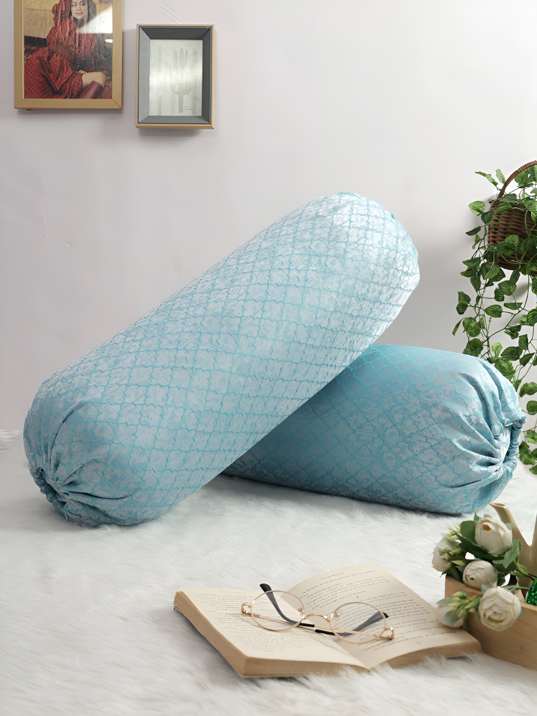 Buy THE CONVERSION Aqua Blue 2 Pieces Geometric Bolster Covers ...