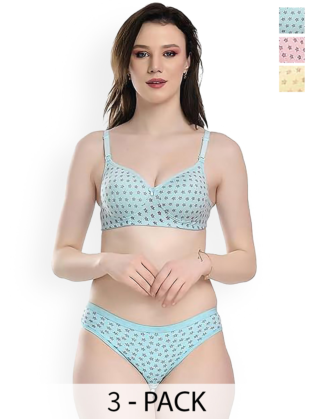 Buy Aamarsh Pack Of 3 Printed Cotton Non Padded Lingerie Set R_STR PD_Set_Blue,Yellow,Pink_30 ...