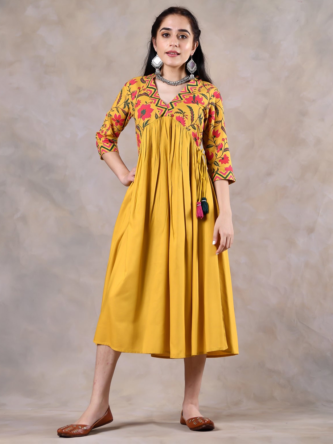 Buy Kalini Floral Printed V Neck Gathered Fit And Flare Midi Dress