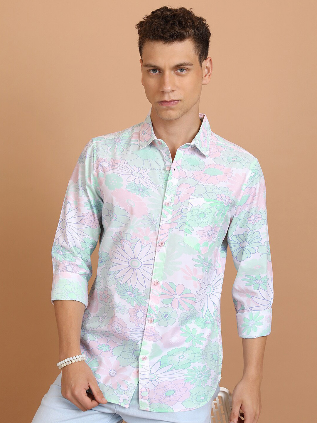 Buy HIGHLANDER Pink & Green Slim Fit Floral Printed Casual Shirt ...