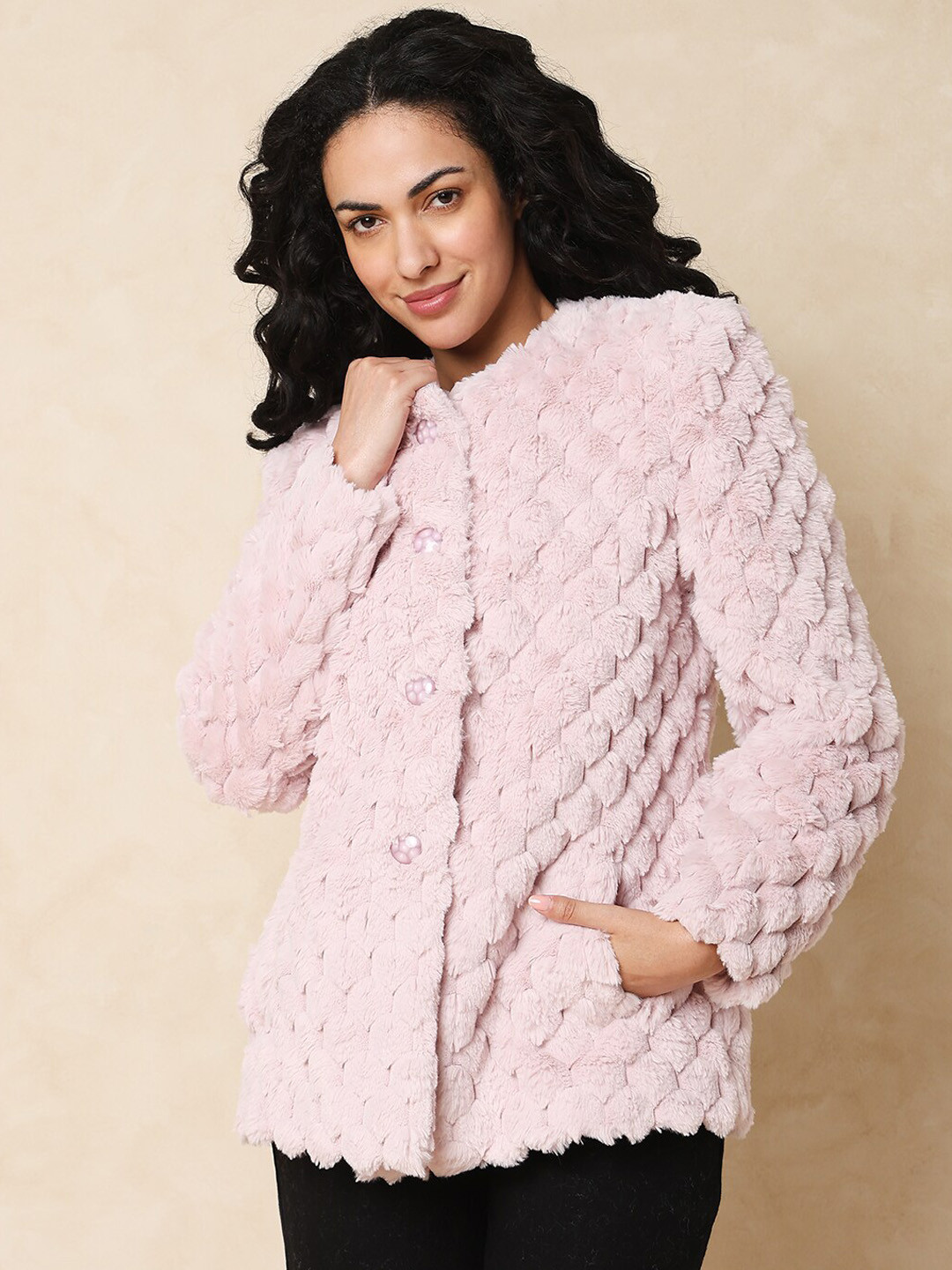 Buy Indifusion Self Design Faux Fur Trim Acrylic Tailored Jacket ...