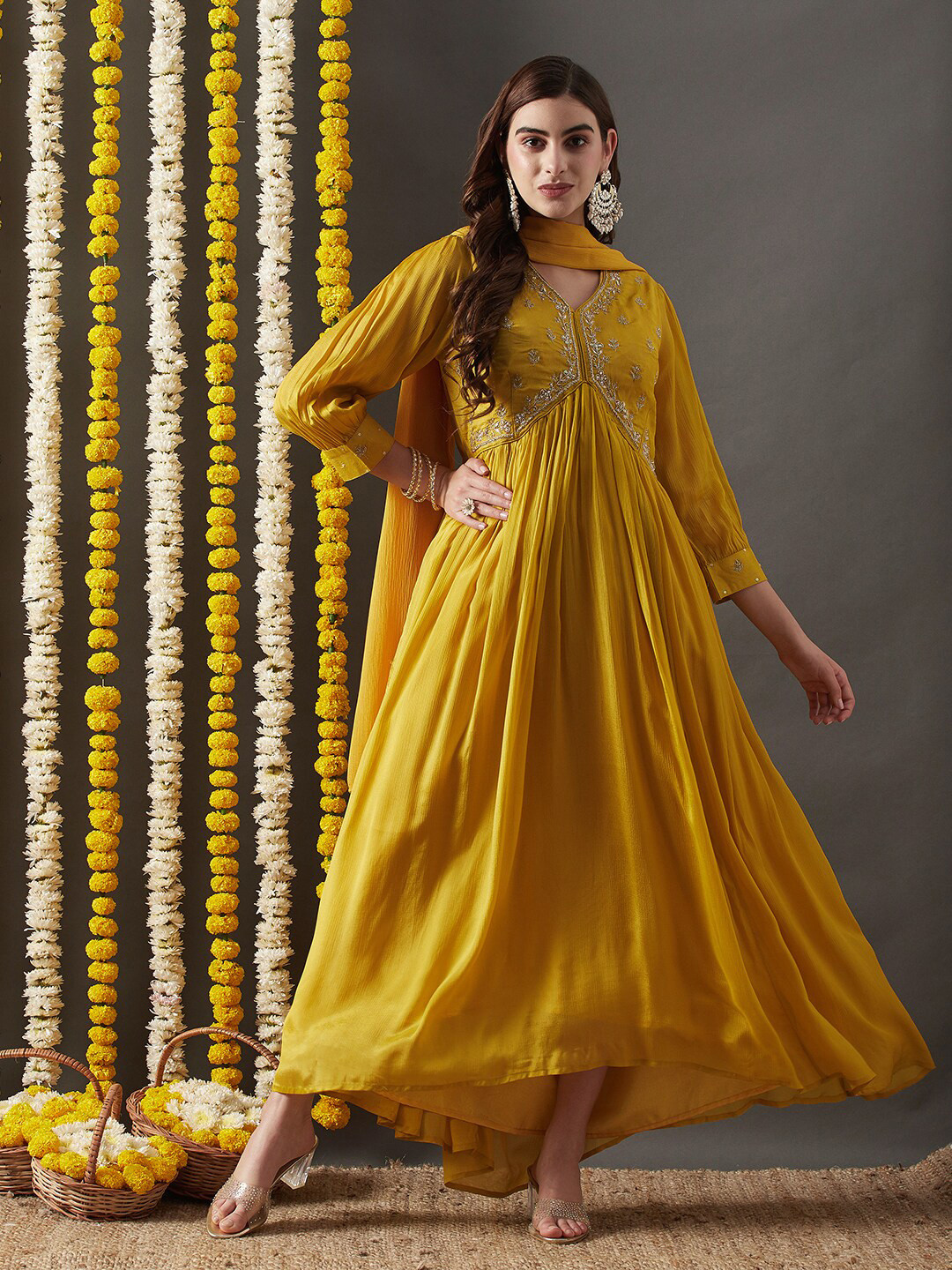 Buy FASHOR Yellow Ethnic Motifs Embroidered Gathered Silk Empire Ethnic ...