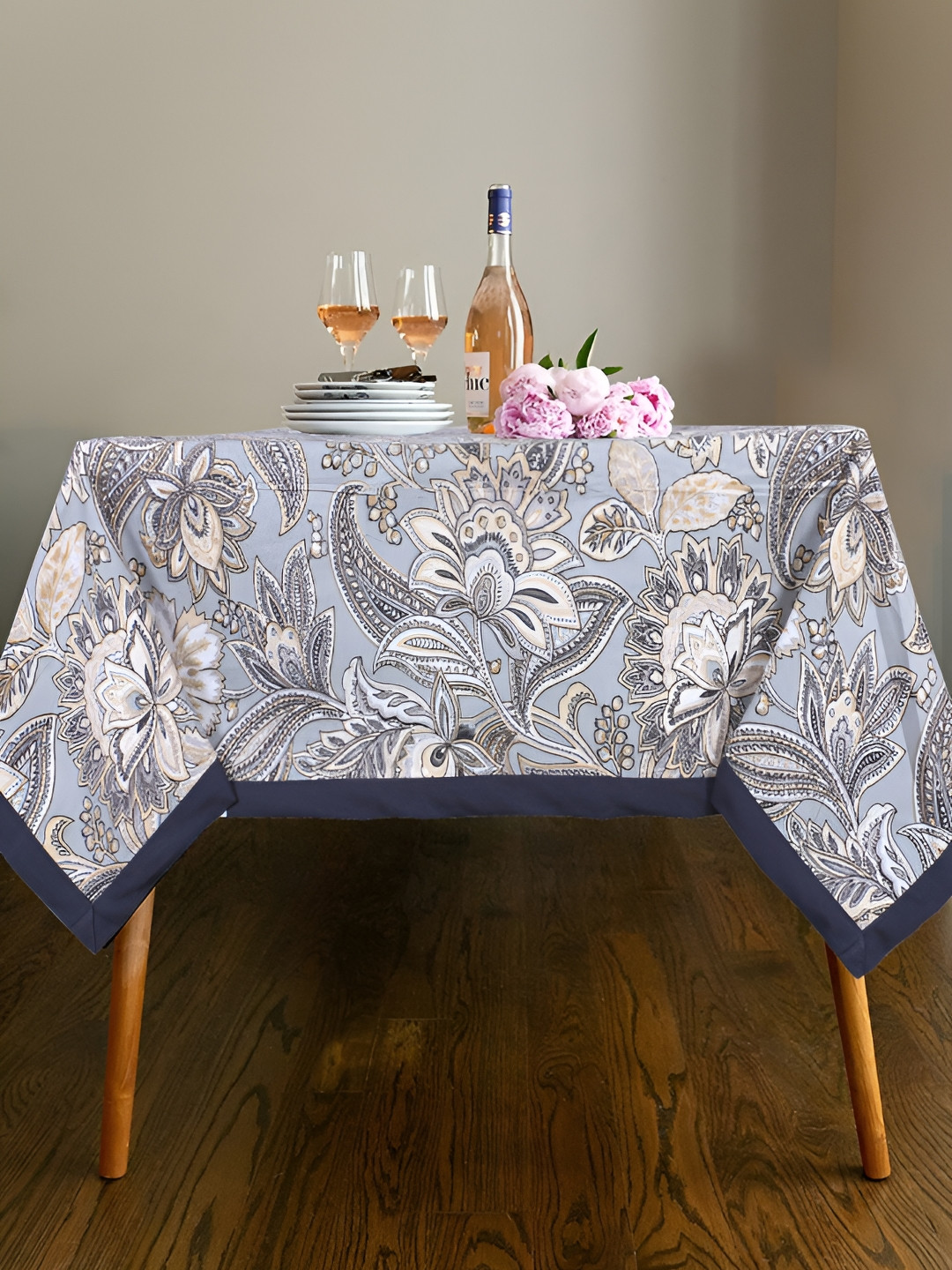 Buy Texstylers Grey Floral Anti Slip Cotton 4 Seater Table Cover ...