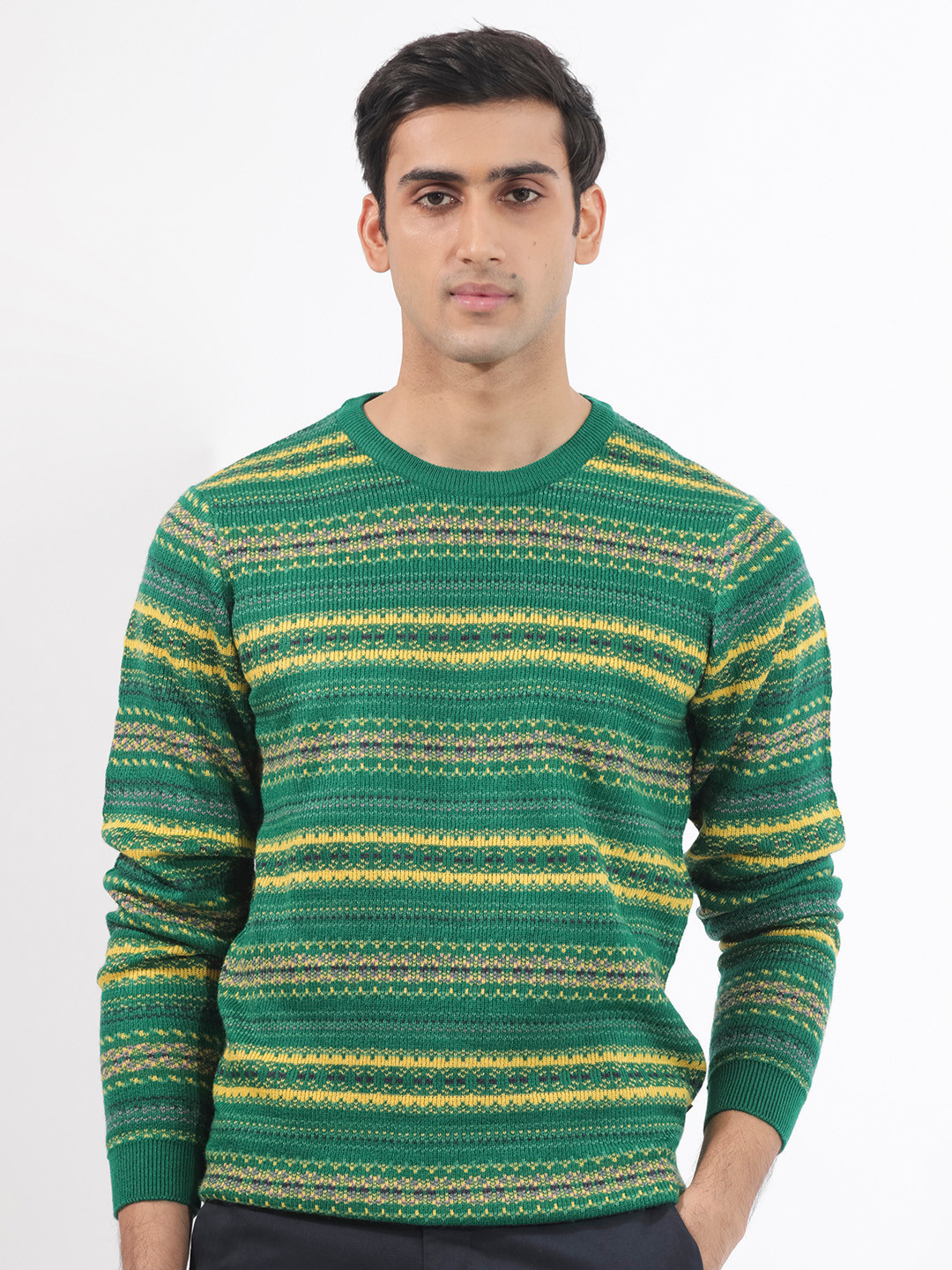 Buy RARE RABBIT Men Fare Crew Neck Chevron Printed Acrylic Sweater ...