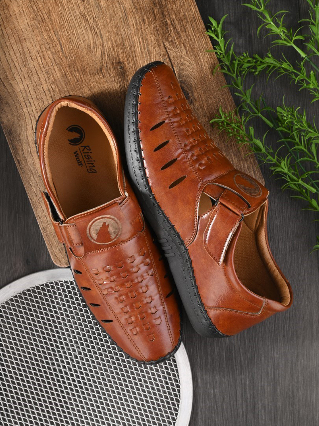 Buy Rising Wolf Men Tan Ethnic Leather Comfort Sandals - Sandals for ...