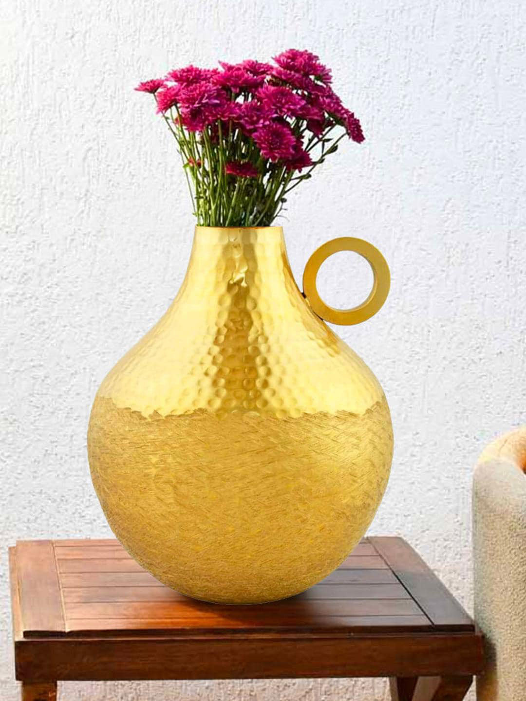 Buy Athome By Nilkamal Golden Textured Matki Shaped Metal Large Vase ...