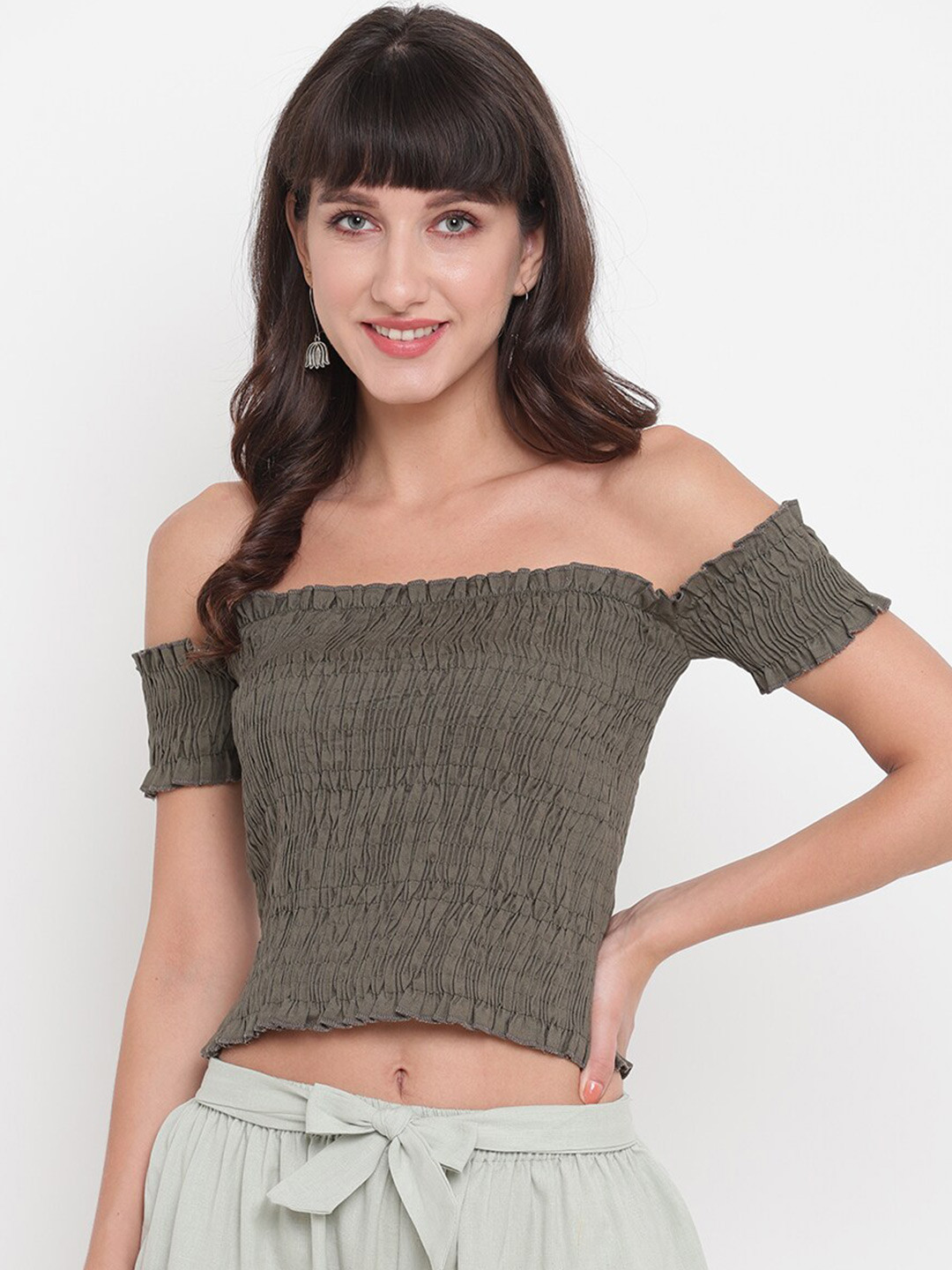 Buy BAESD Off Shoulder Neck Accordion Pleats Cotton A Line Crop Top ...