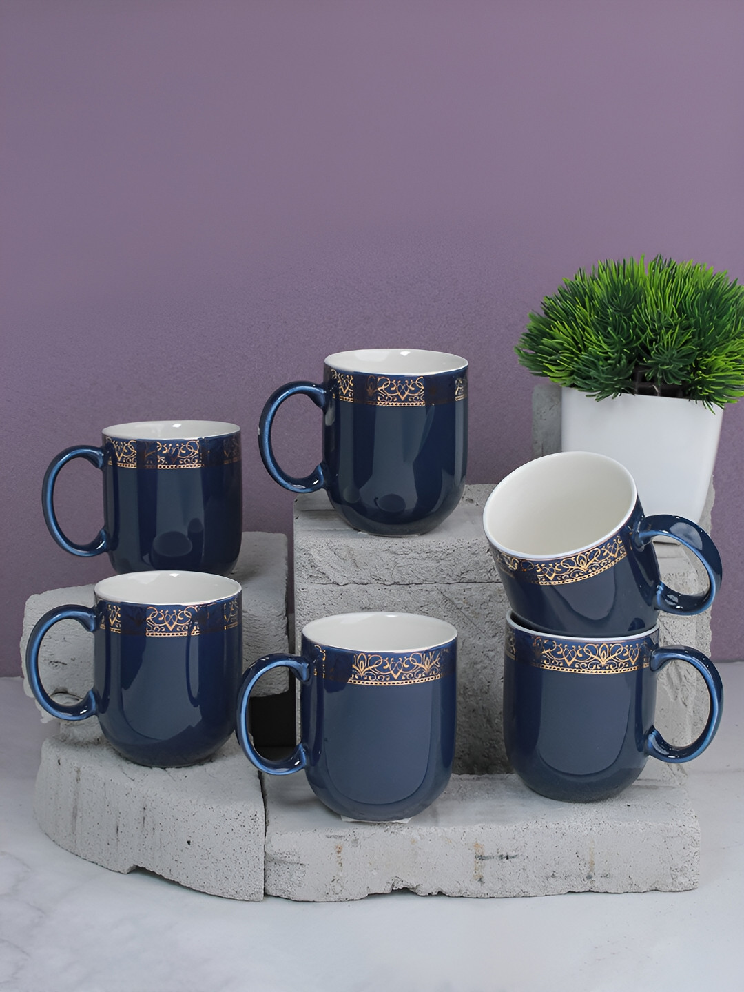 Buy Vola Global LLP Sparkle Navy Blue 6 Pieces Porcelain With Golden ...