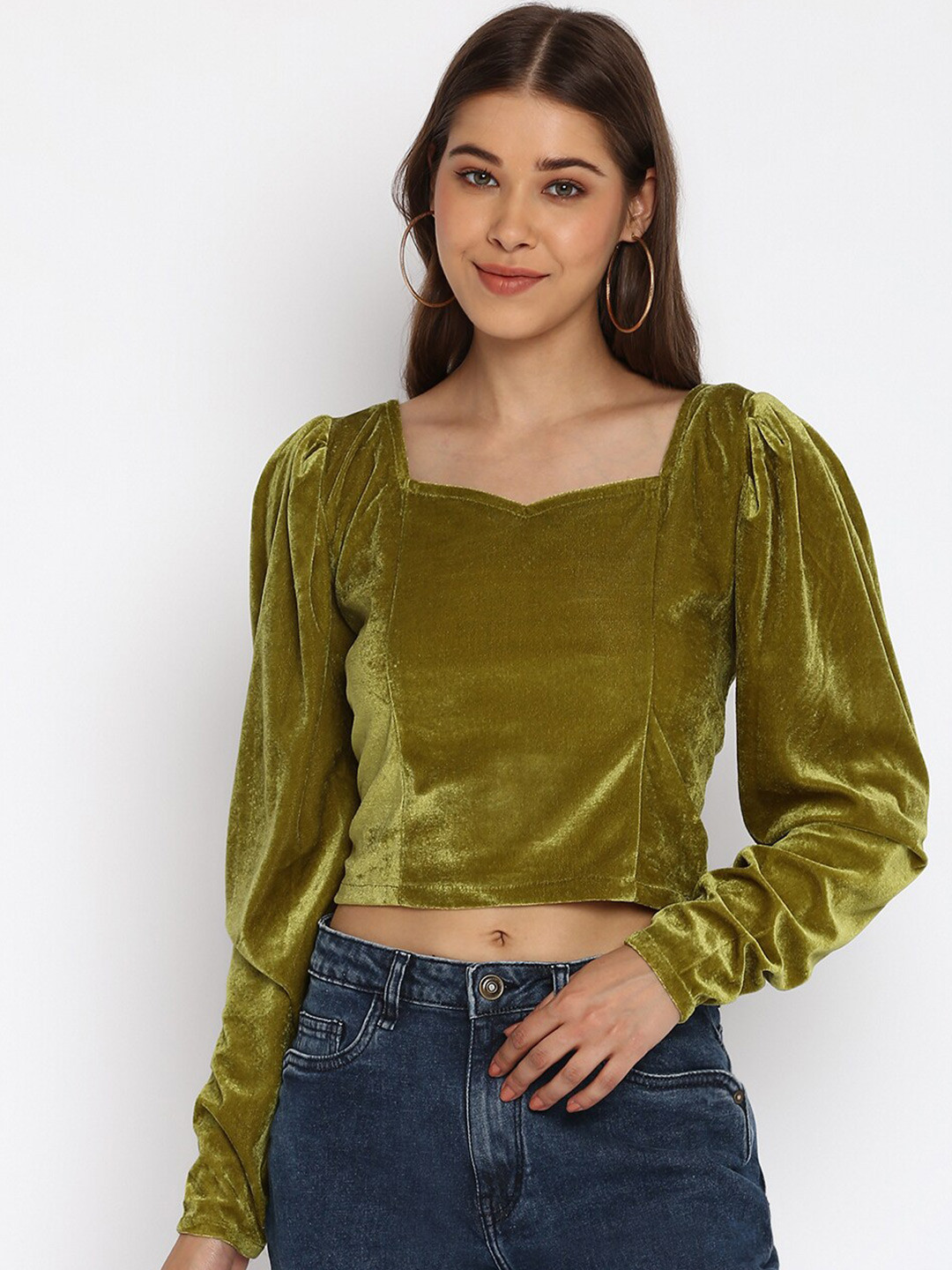 Buy DressBerry Olive Green Square Neck Puff Sleeves Velvet Crop Top - Tops for Women 26184502 ...