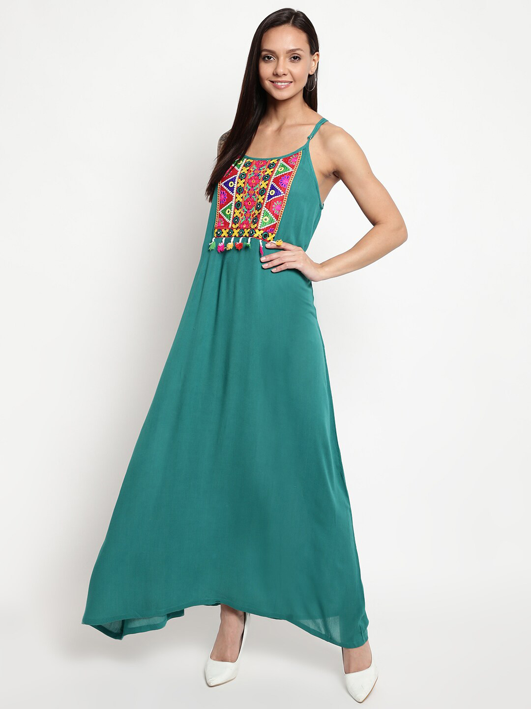 Buy DressBerry Turquoise Blue Ethnic Motifs Embroidered Maxi Dress ...