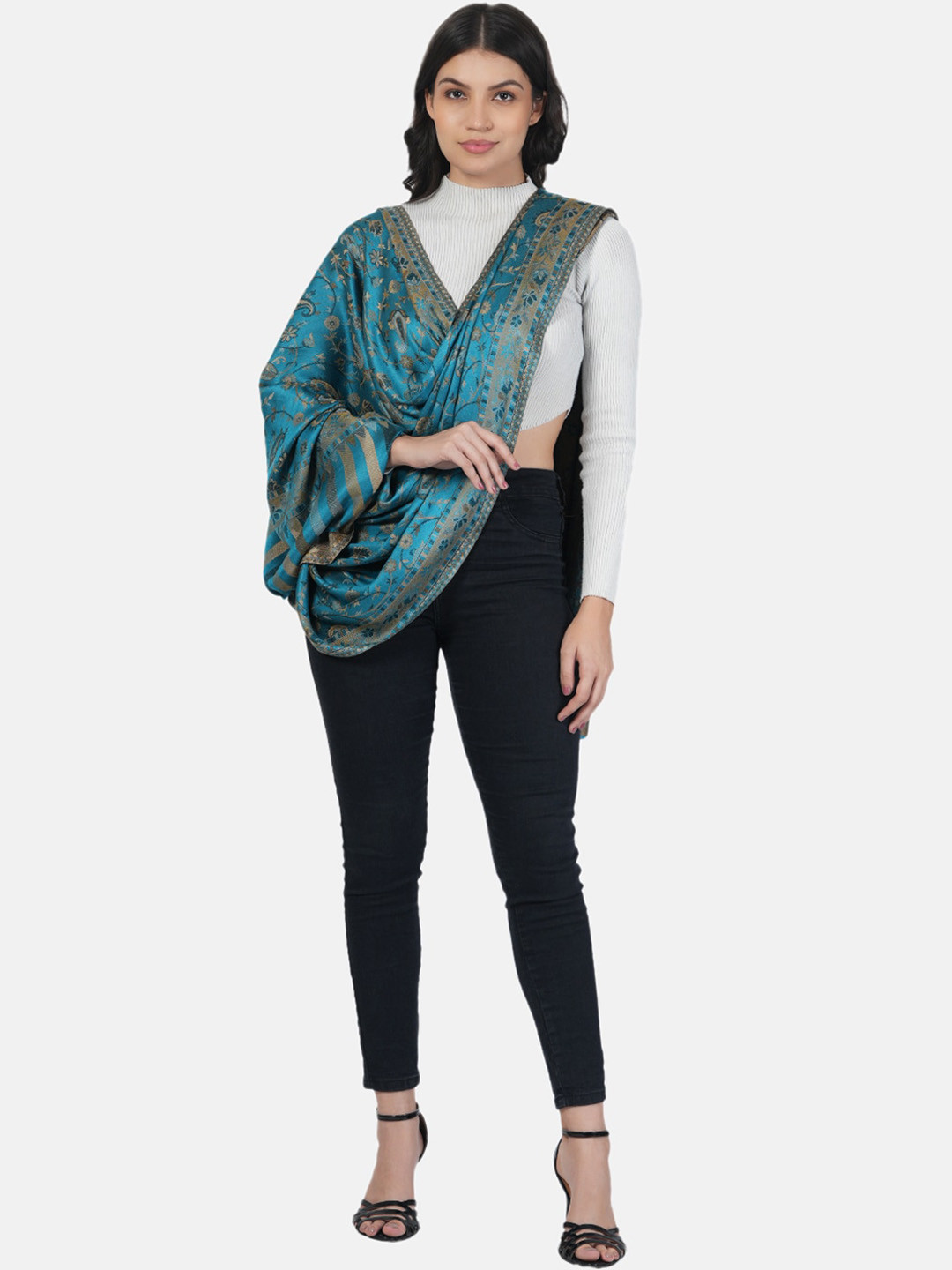 Buy MUFFLY Floral Kashmiri Jamawar Woven Design Bamboo Silk Shawl ...