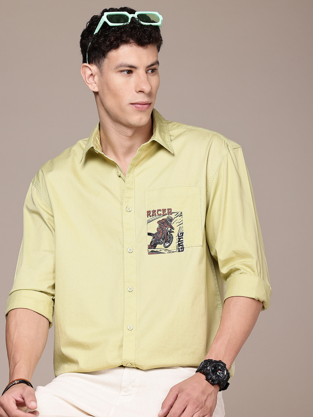 Buy The Roadster Life Co. Relaxed Fit Opaque Pure Cotton Casual Shirt With Minimal Print ...