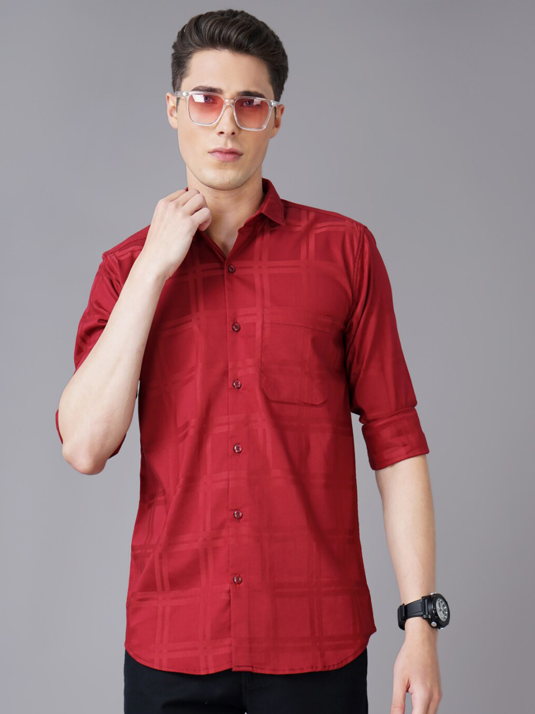 Buy PAUL STREET Standard Slim Fit Checked Spread Collar Lightweight ...