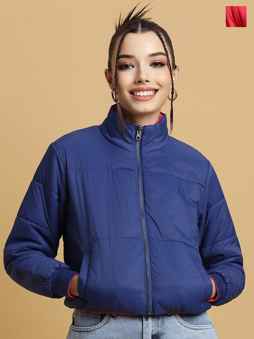 Buy FOREVER 21 Mock Collar Reversible Crop Puffer Jacket - Jackets for ...