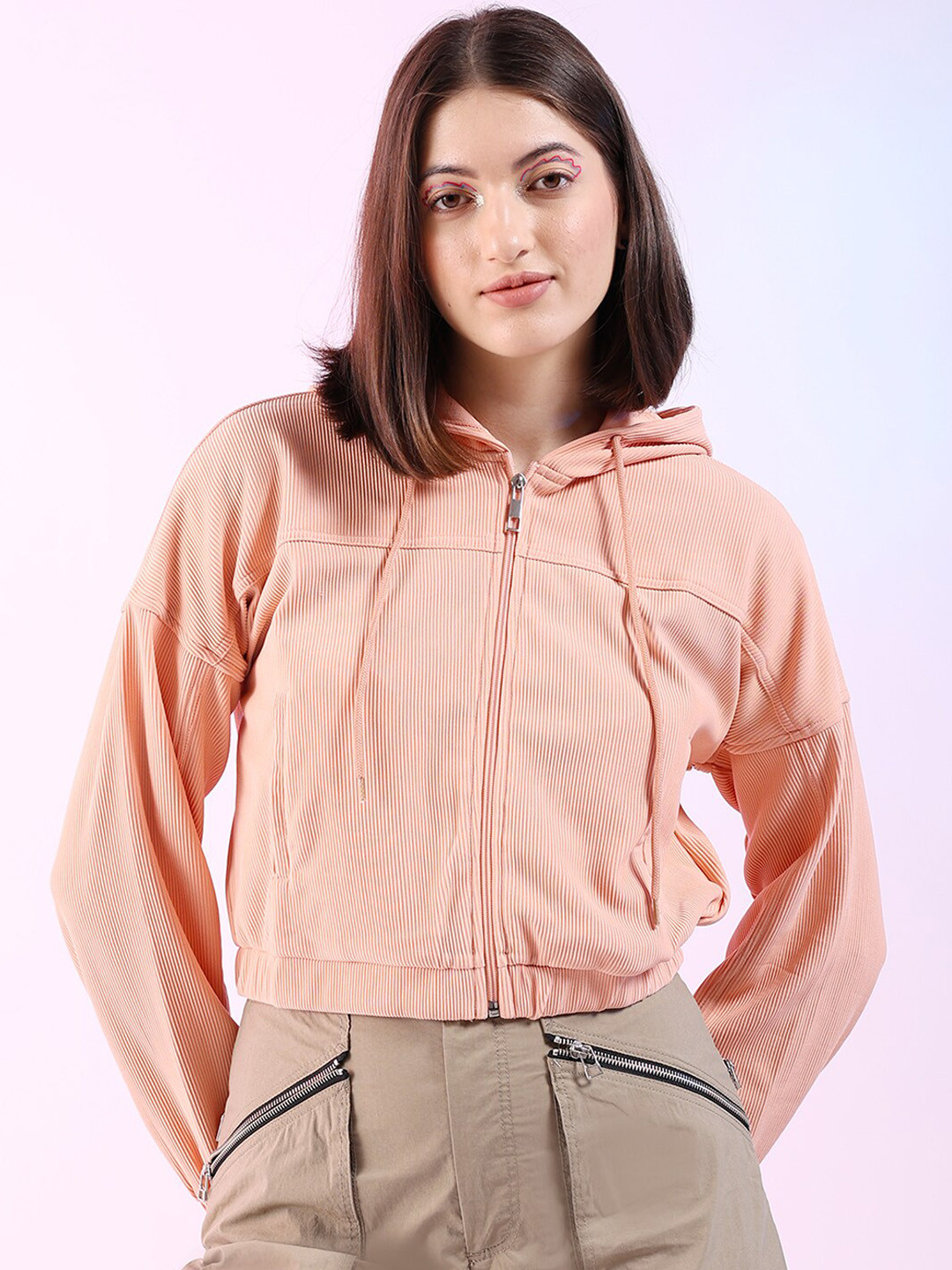 Buy Freehand Peach Coloured Striped Lightweight Crop Bomber Jacket ...
