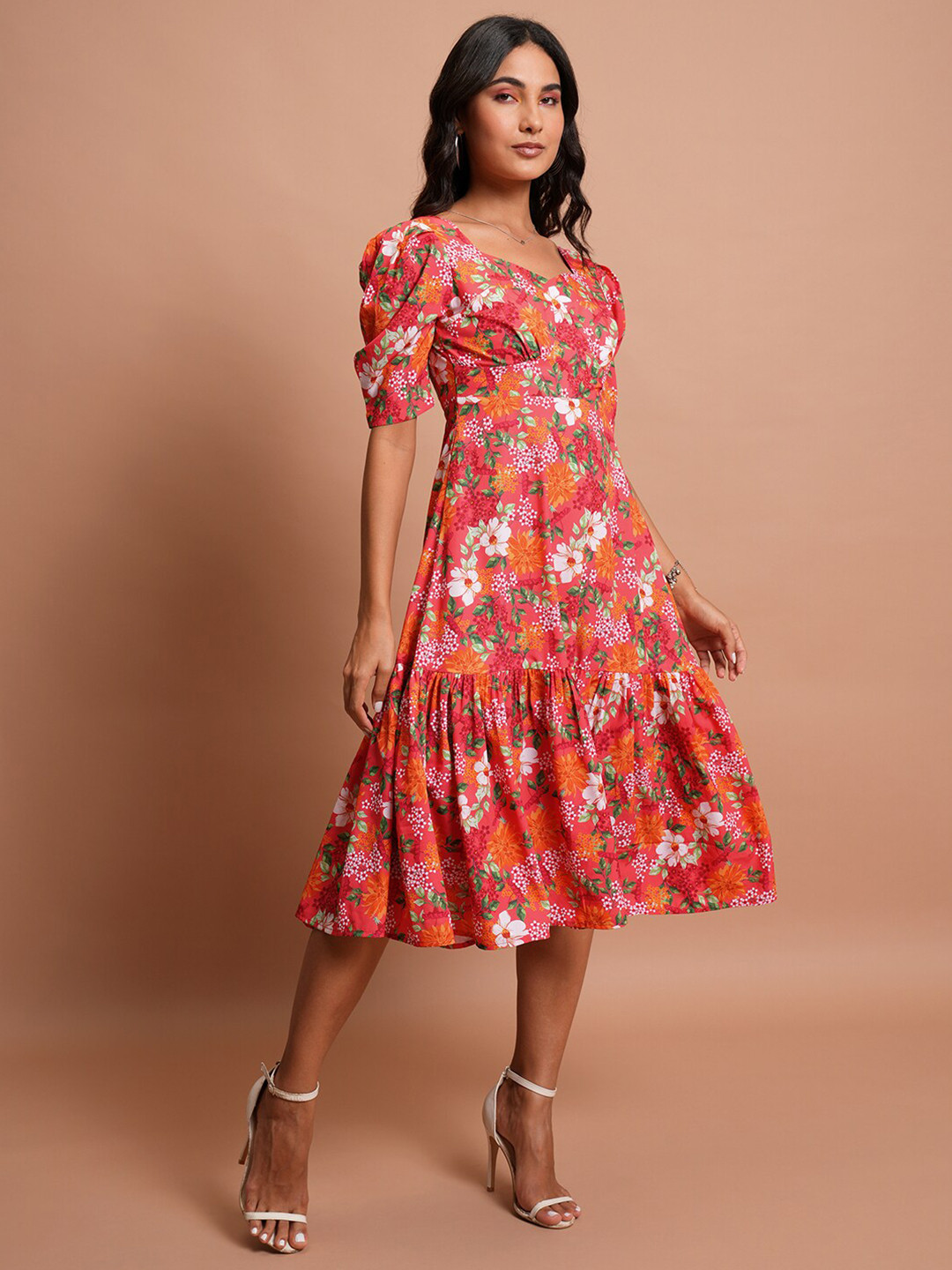 Buy Tokyo Talkies Floral Printed Sweetheart Neck Fit & Flare Midi Dress ...