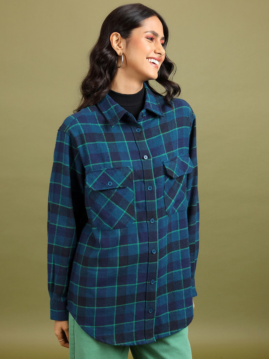 Buy Tokyo Talkies Blue Oversized Tartan Checked Long Sleeves Shacket ...