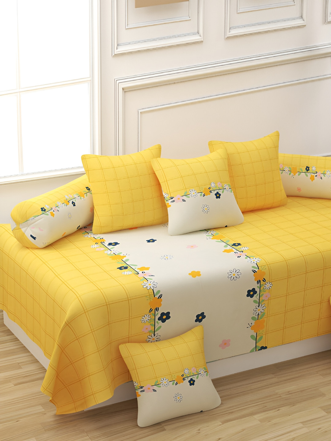 Buy CHHILAKIYA Yellow 8 Pieces Printed Cotton Diwan Set - Diwan Set for ...