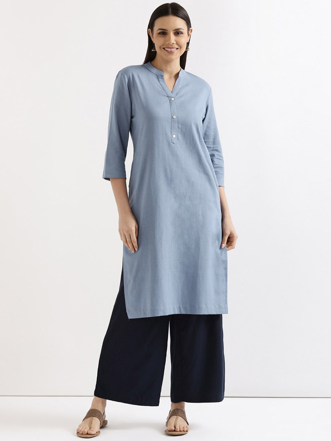 Buy SAADAA Mandarin Collar Cotton Linen Straight Kurta - Kurtas for ...